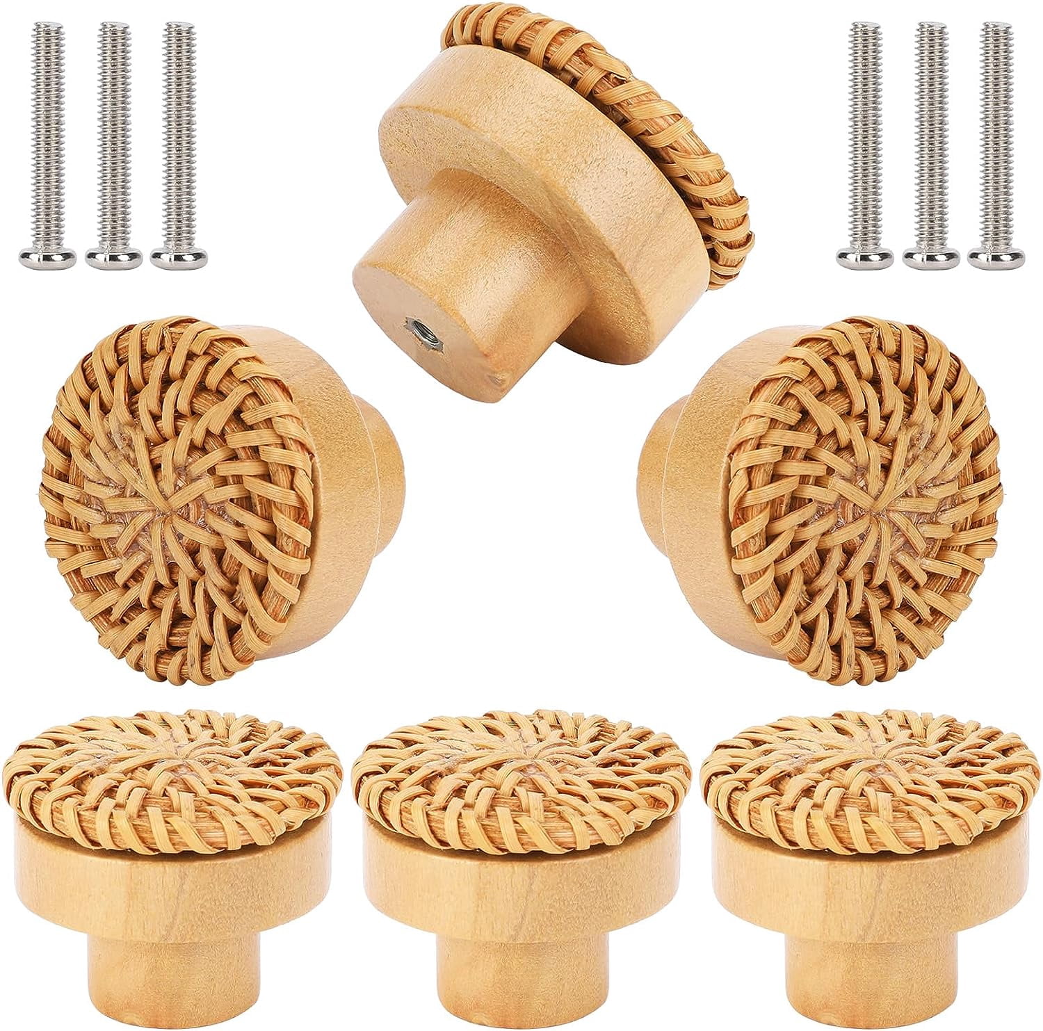 6 Pack Boho Rattan Knobs for Dresser, Drawers, Cabinet, Trianu Handmade ...
