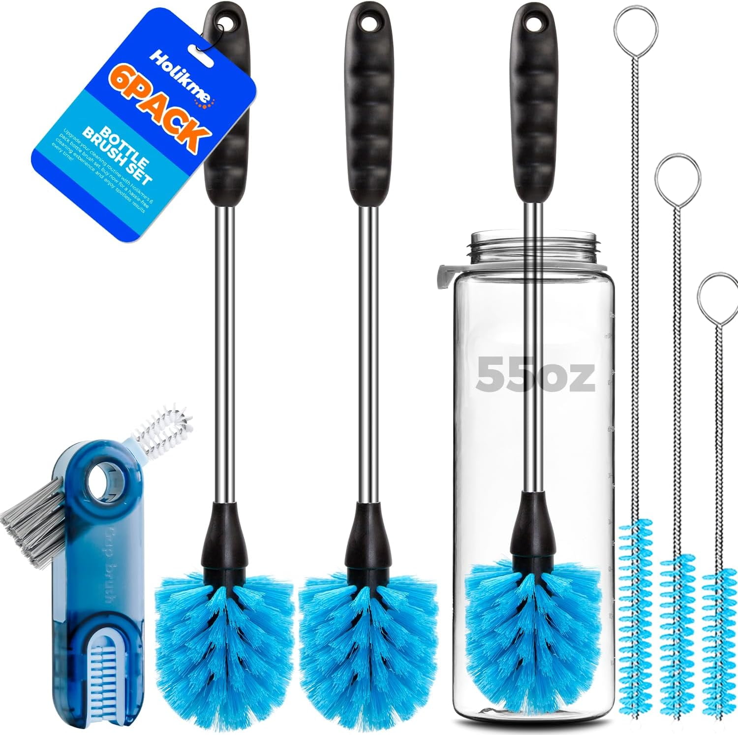6 Pack Bottle Brush Set with 14" Stainless Steel Handle, 3 Straw ...