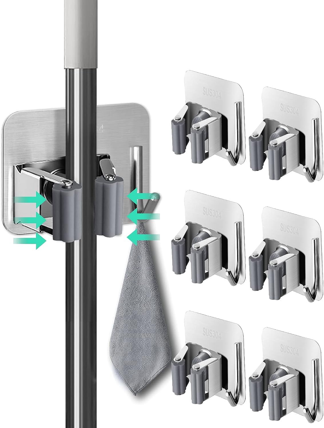 6-Pack Broom Mop Holder, Silver Stainless Steel Self Adhesive Broom ...