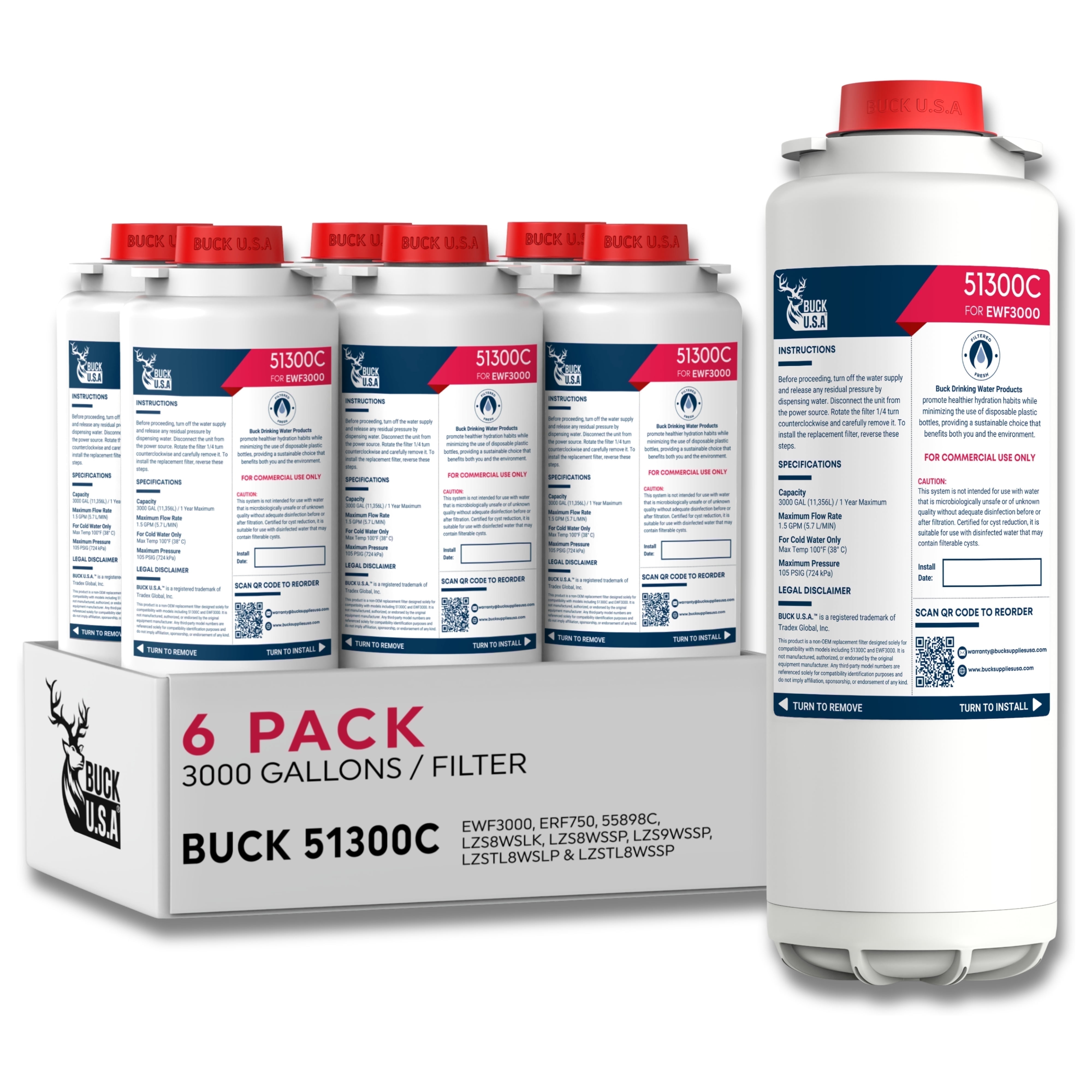 6 Pack 51300C Replacement Filter for EWF3000 – Compatible with Elkay ...