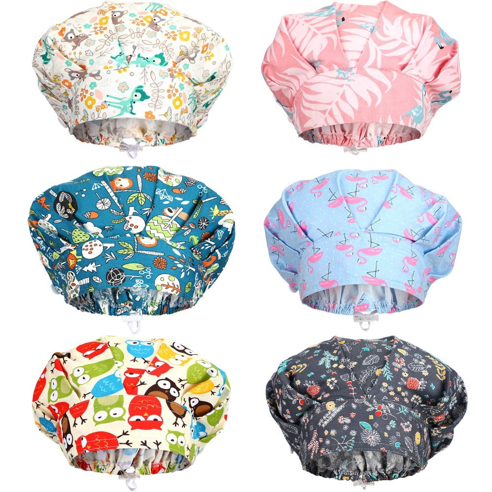 6-Pack Button Bouffant Caps with Sweatband, Printed Elastic Nursing ...