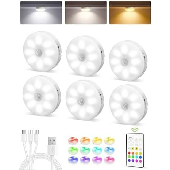 6-Pack Under Cabinet Lighting, Rechargeable Motion Sensor Puck Light ...