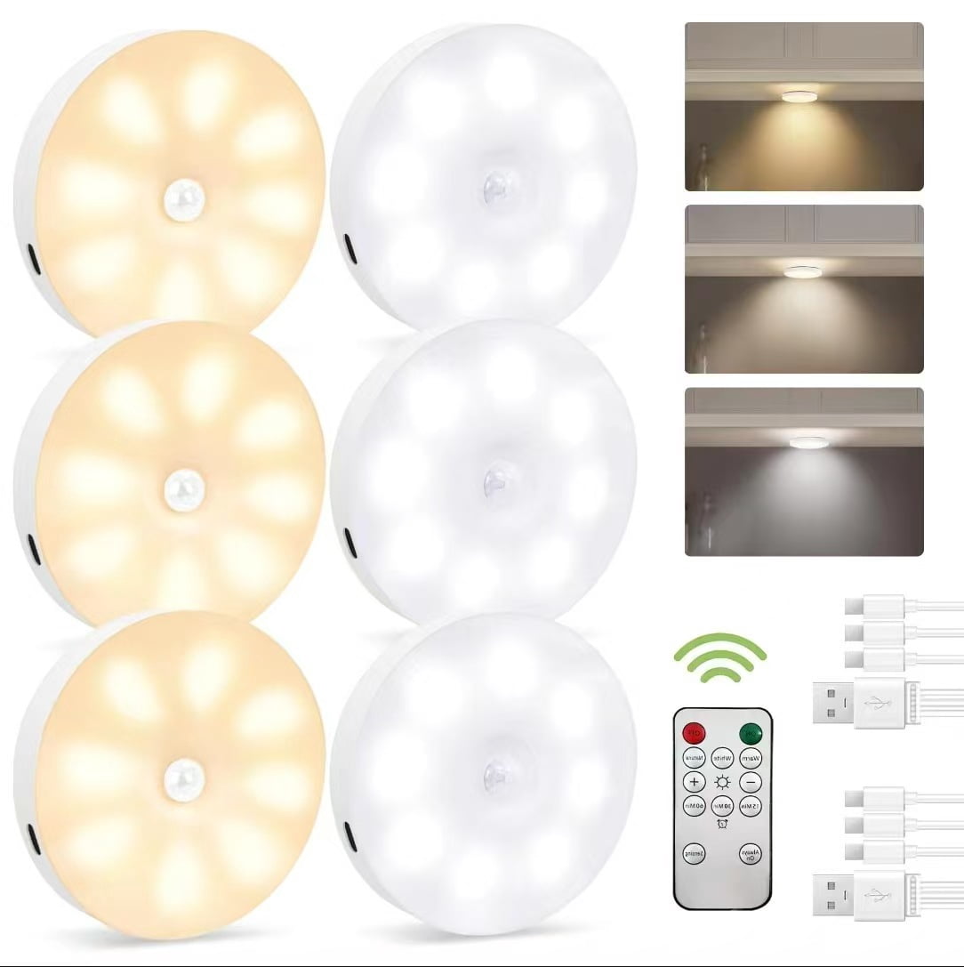 6-Pack Under Cabinet Lighting, Rechargeable Motion Sensor Puck Light ...