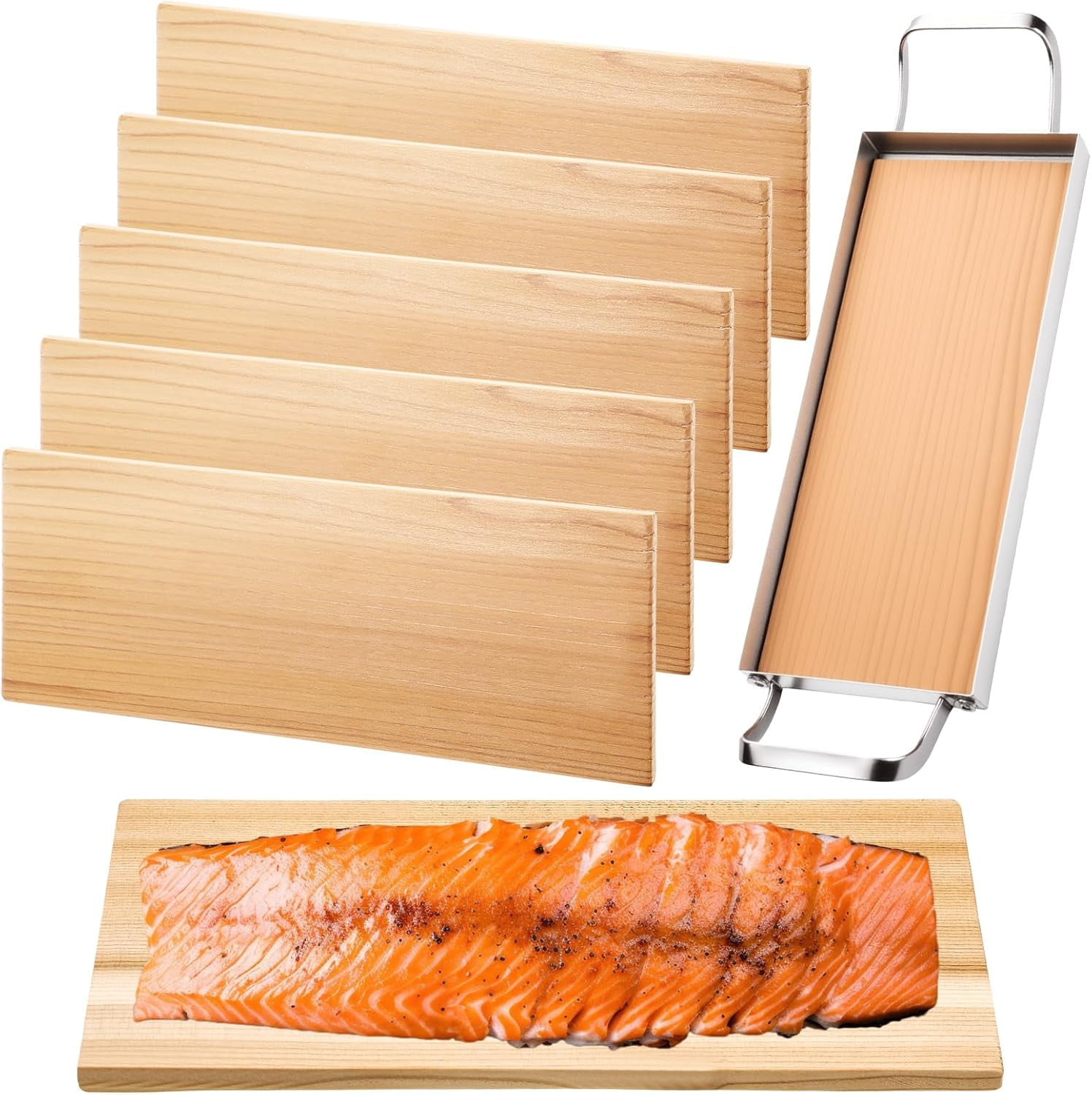 6 Pack Cedar Wood Grilling Planks with Stainless Steel Serving Tray ...