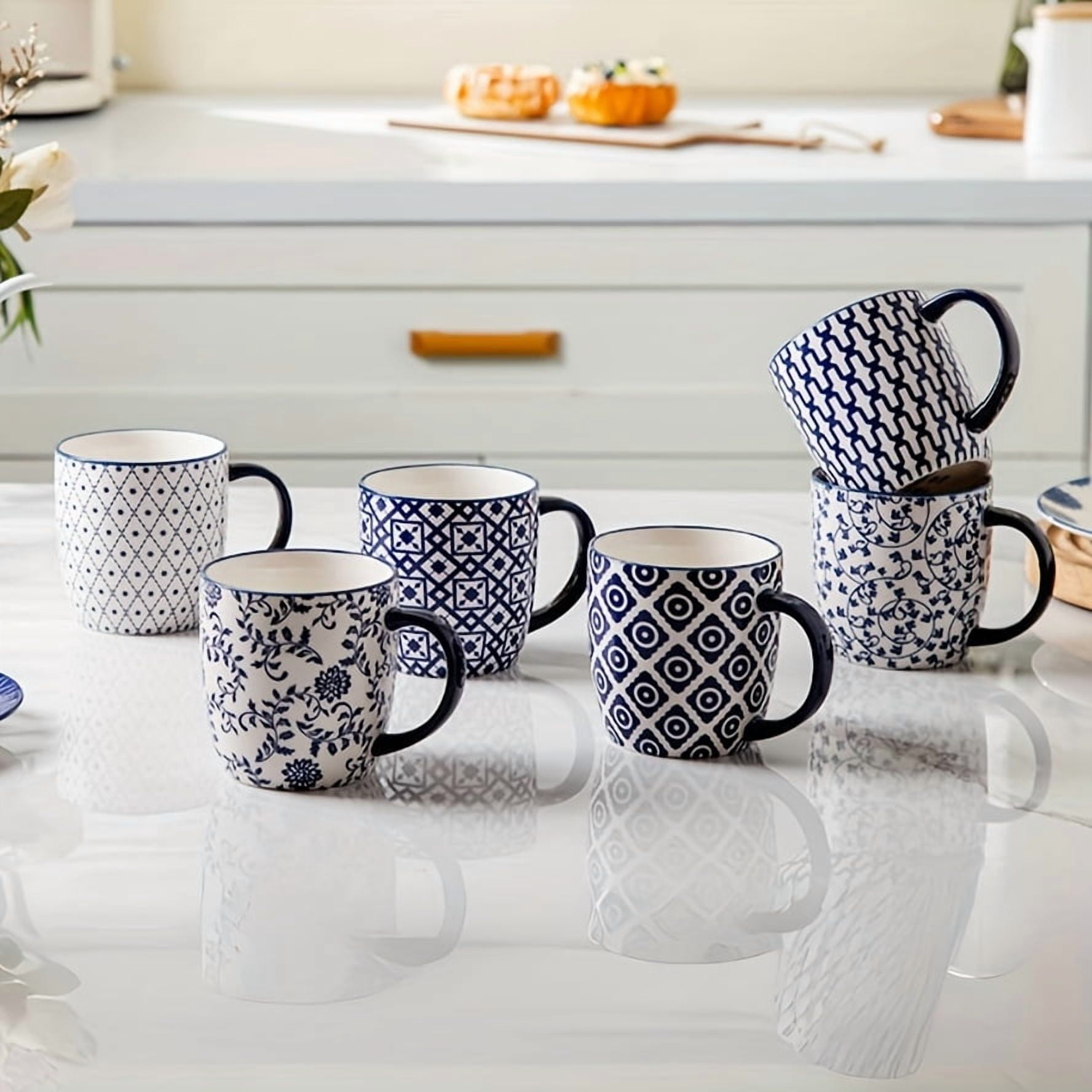 "6-Pack Ceramic Coffee Mugs - 12oz/16oz Blue & White Set | Microwave ...