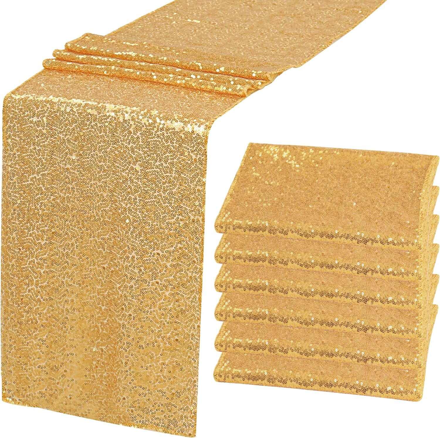 6 Pack Champagne Gold Sequin Table Runners 12" x 72" Sparkle Sequin Table Cloths for Wedding ...