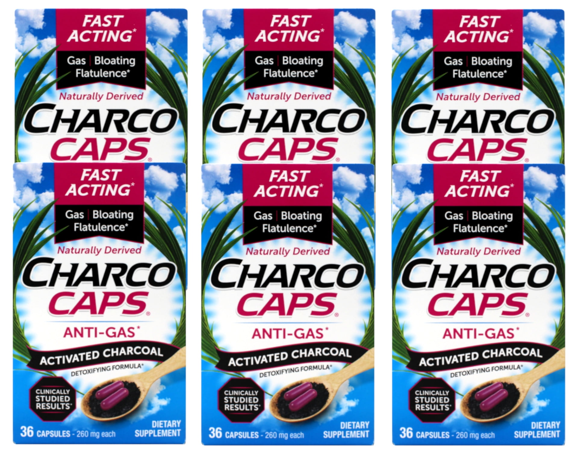 6 Pack Charco Caps Anti Gas Detoxifying Formula, 36 Capsules Each ...