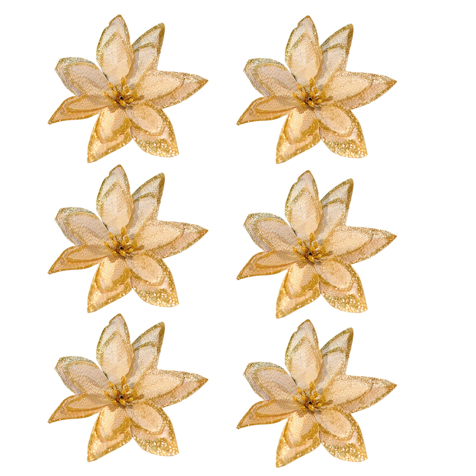 6 Pack Christmas Poinsettia Artificial Silk Flowers Glitter Flowers ...