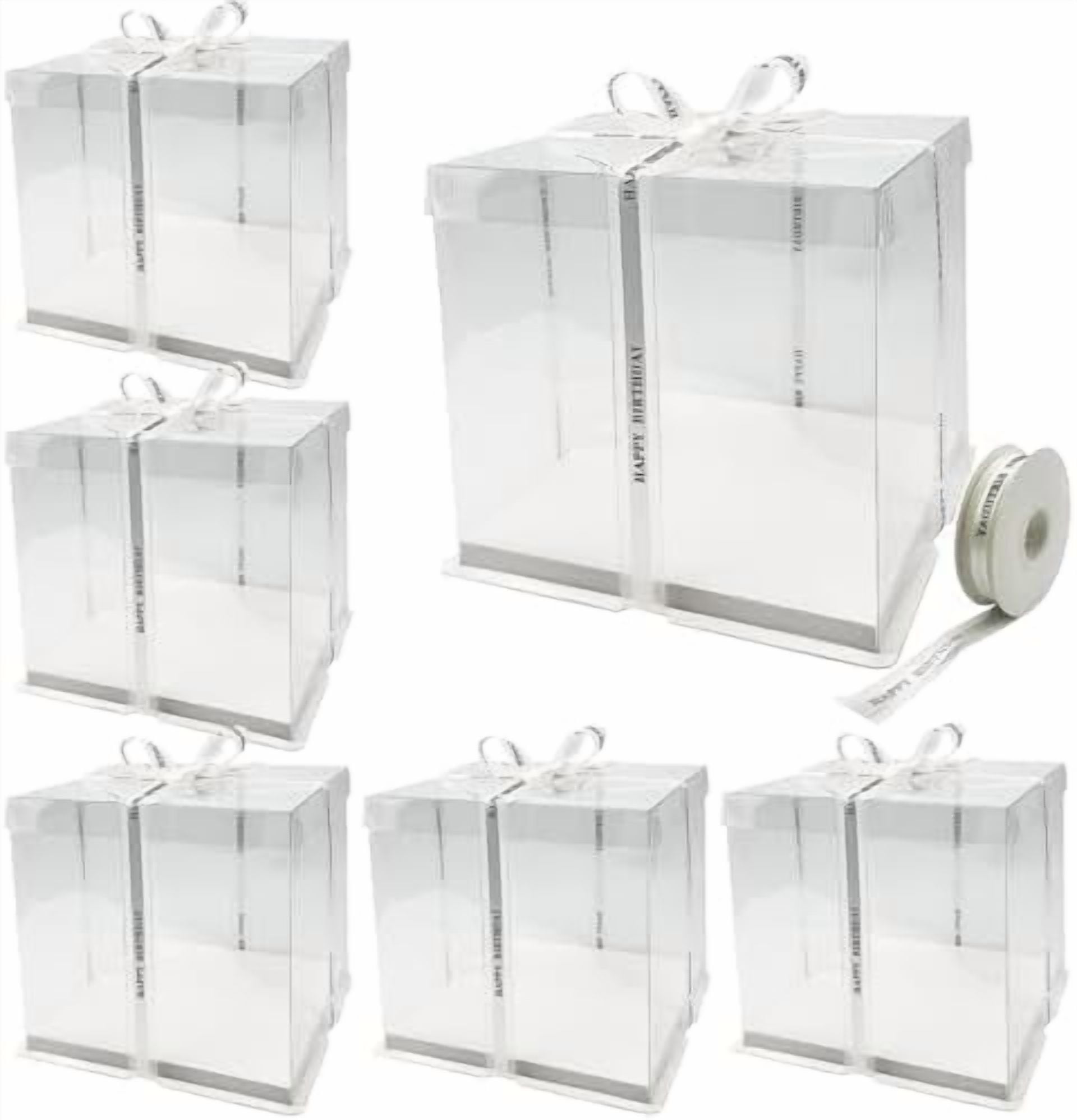 6 Pack Clear Cake Box with Ribbon - 10 x 10 x 9.75 Inch Tall PET Cake ...