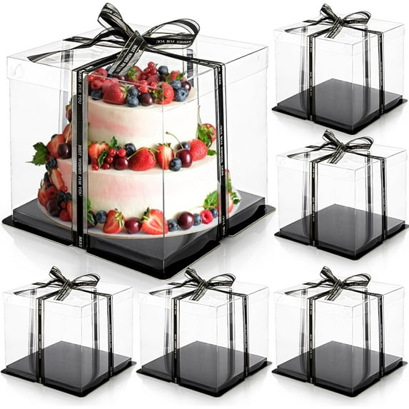 6 Pack Clear Cake Box with Ribbon, 2-Layer Tall Cake Carrier Box ...