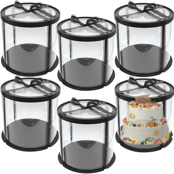 6 Pack Clear Cake Box with Ribbon, Round Transparent Tierd Cake Carrier ...