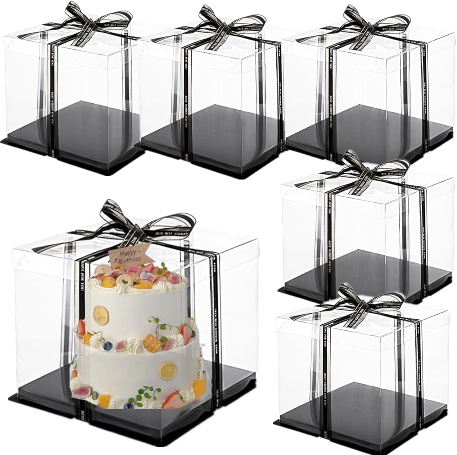 6 Pack Clear Cake Box with Ribbon, Tall Cake Carrier for 2-Layer Cake ...