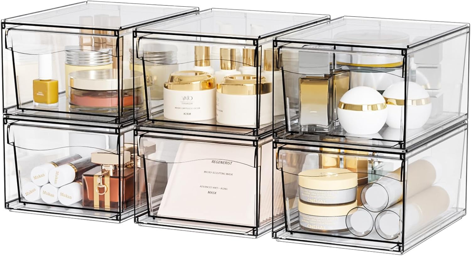 6 Pack Clear Stackable Storage Drawers,4.4'' Tall Acrylic Bathroom ...