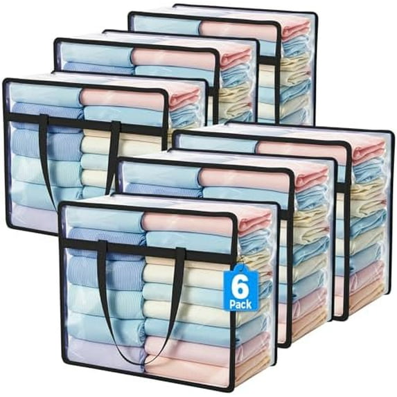 6 Pack Clear Zippered Storage Bags for Clothes,40L Closet Organizers ...