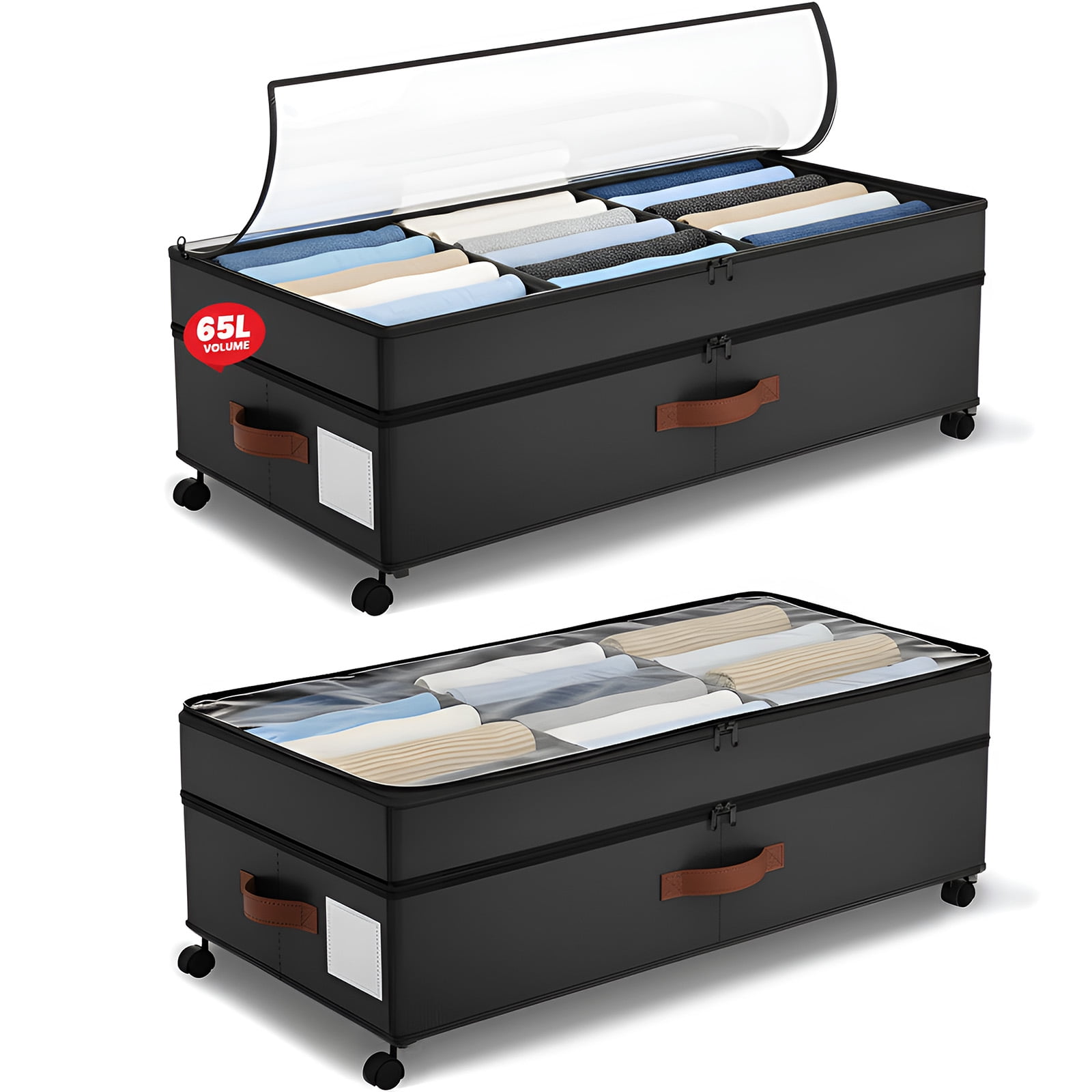 Under Bed Storage with Wheels 2-Pack, 65L XXL Under the Bed Storage ...