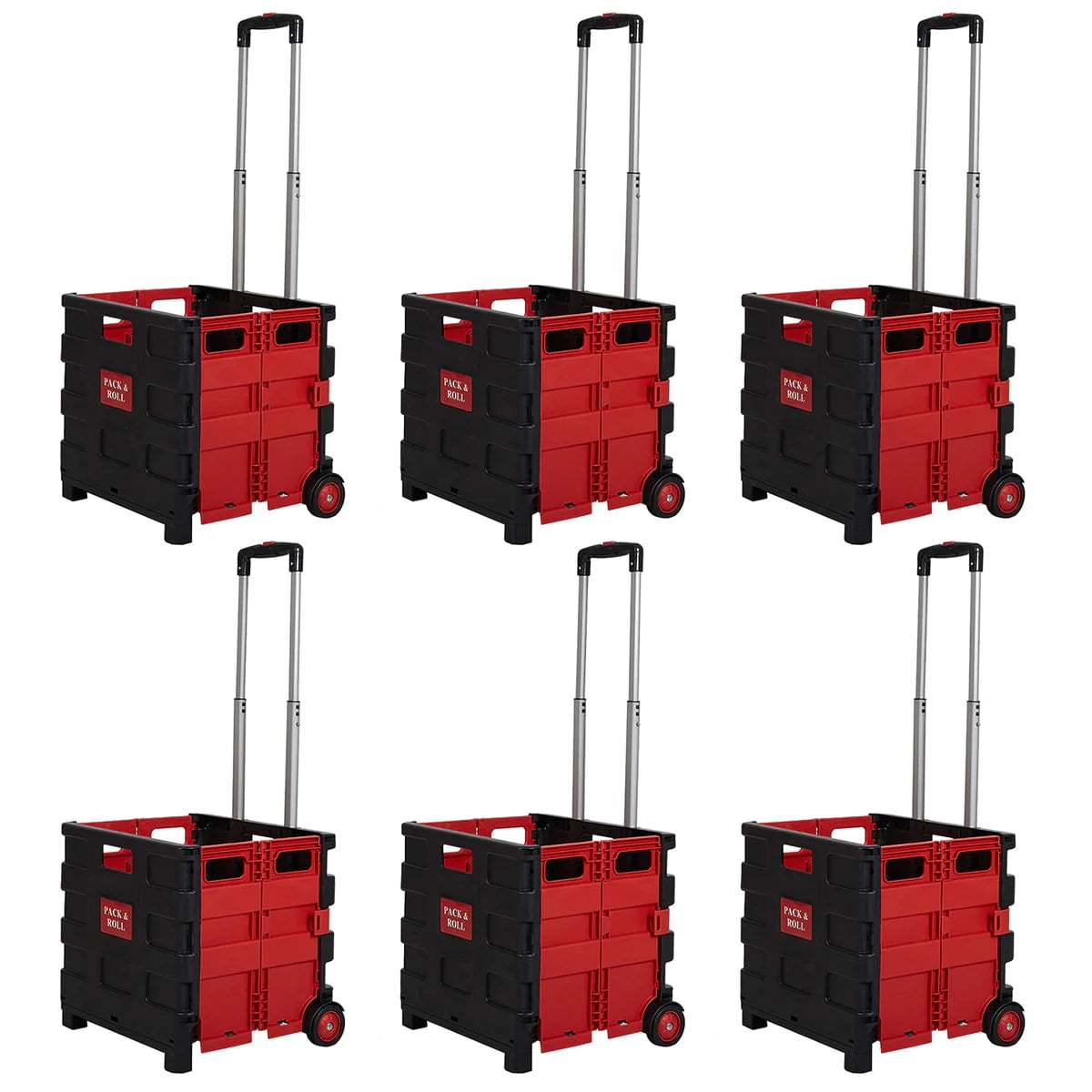 6 Pack Collapsible Rolling Crate Utility Cart 44L Foldable Grocery Cart ...