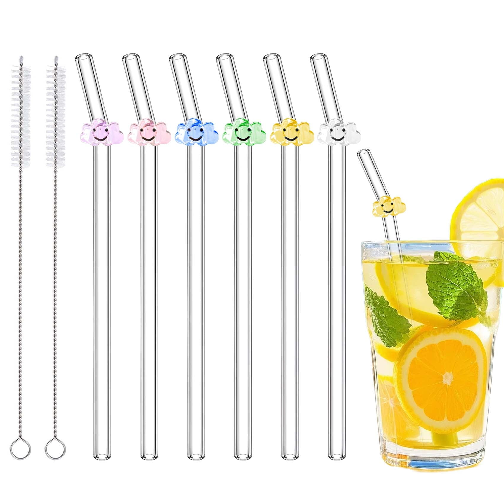 Colored Clouds Glass Straws with 2 Cleaning Brushes - Reusable, Eco ...