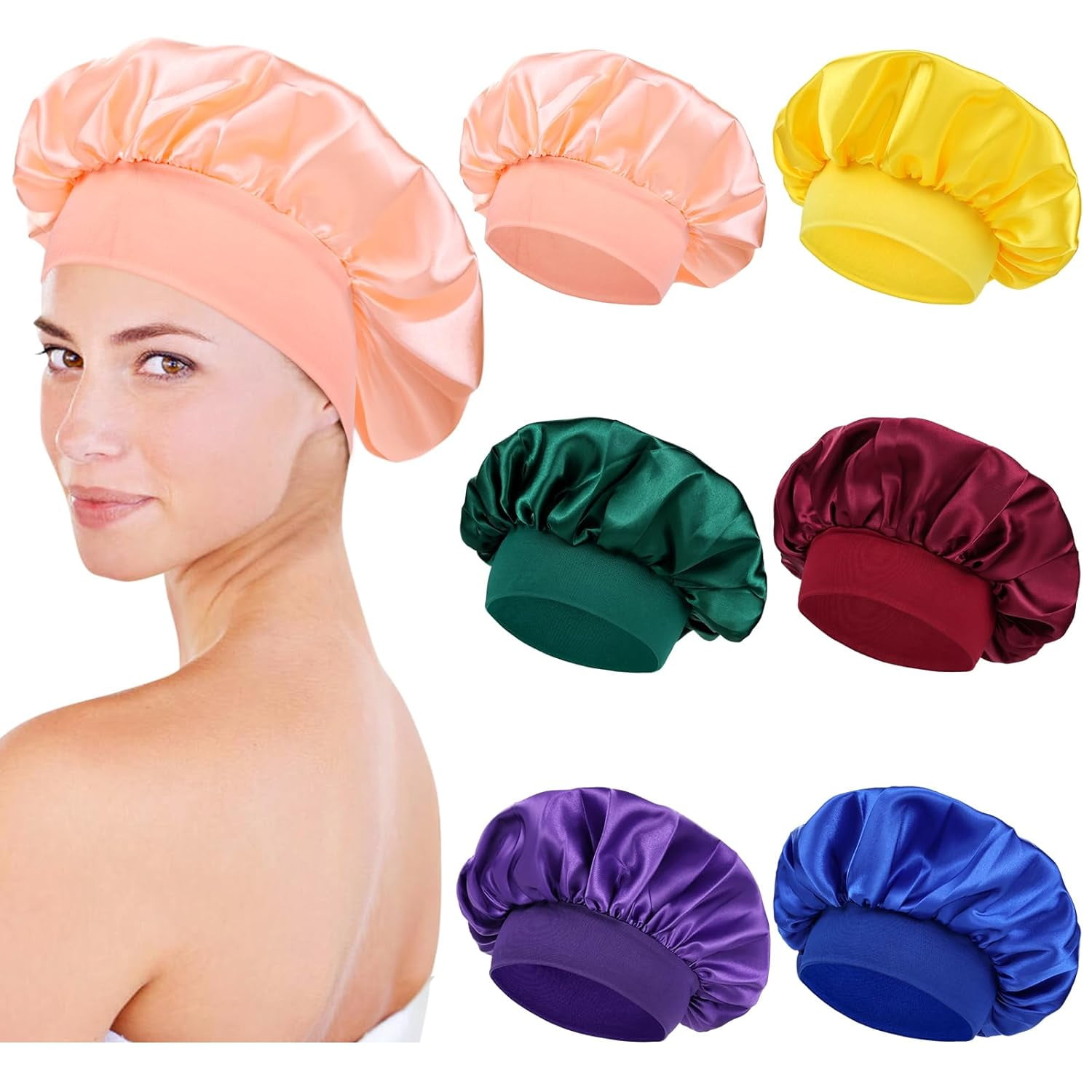 6 Pack Colors Satin Lined Silky Sleeping Bonnets Shower Caps Curly Long ...