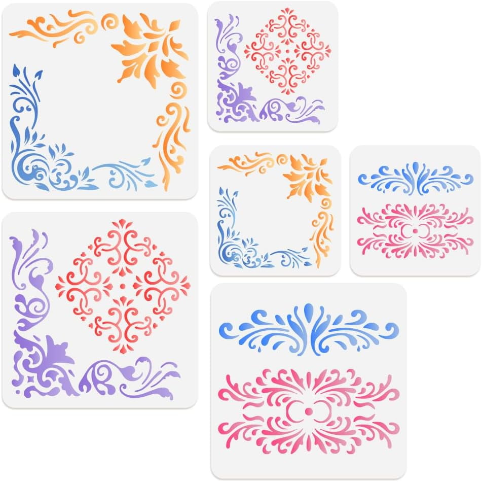 6 Pack Corner Stencil Templates Reusable Plastic Damask Border Stencils ...