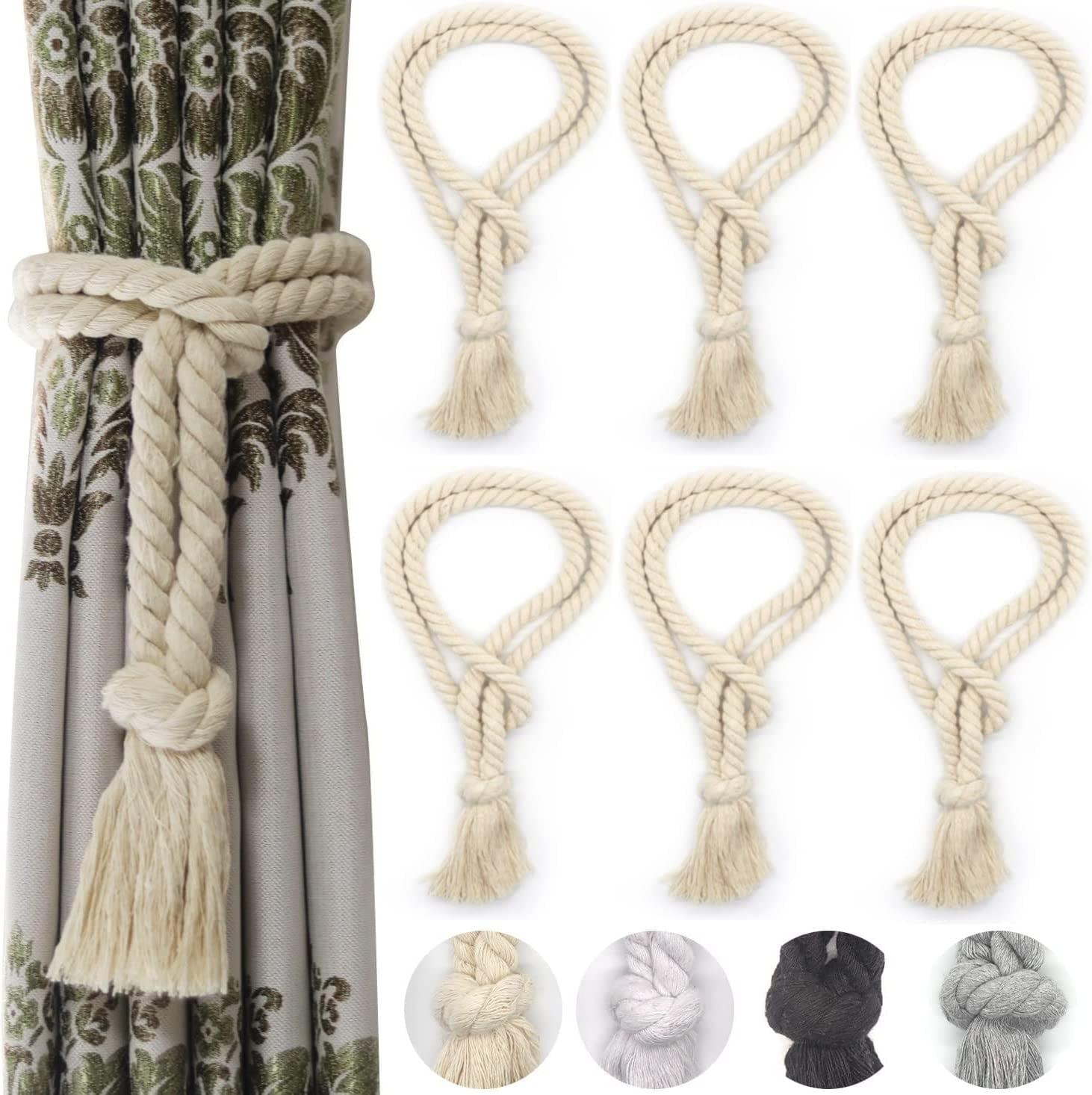 6 Pack Curtain Tiebacks Rope, Outdoor Curtain Tiebacks, Natural Cotton ...
