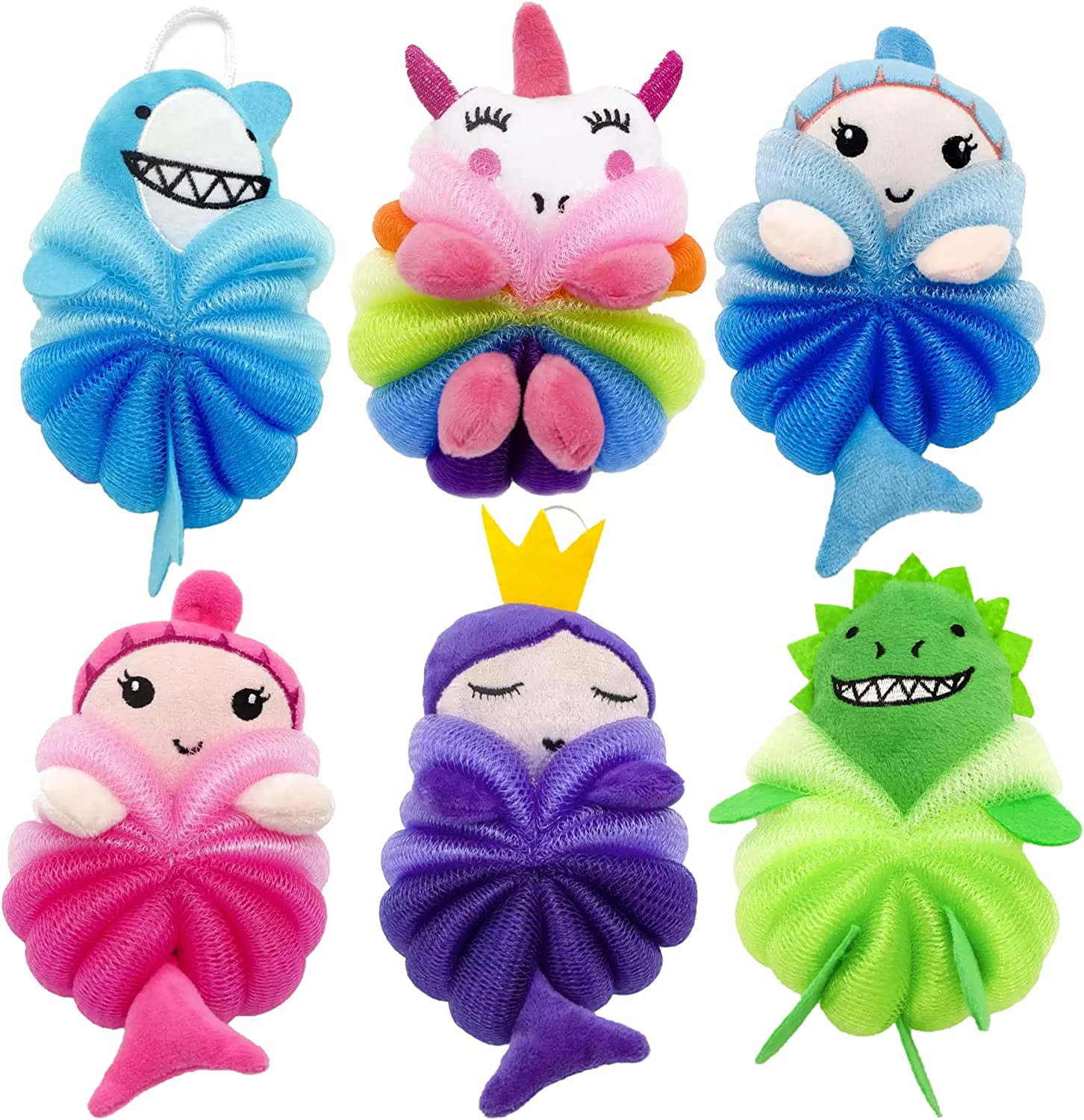 6 Pack Cute Loofah Fun Colorful Cartoon Design Mesh Pouf 7” x 4” Shower ...