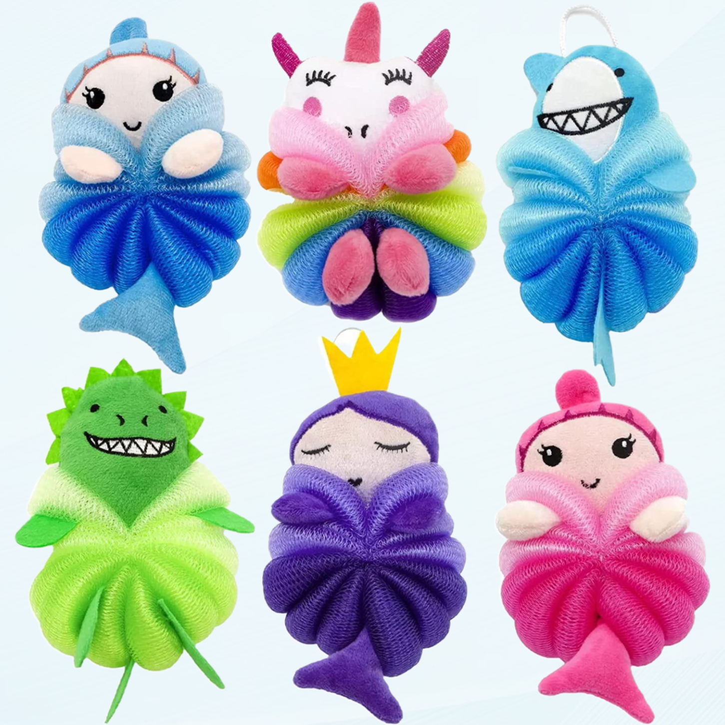 6 Pack Cute Loofah Fun Colorful Cartoon Design Mesh Pouf 7” x 4” Shower ...