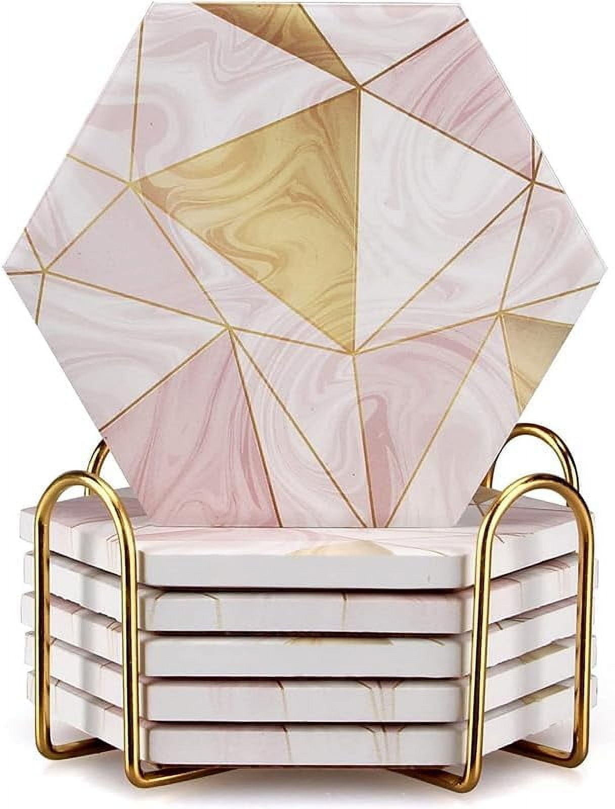 6 Pack Cute Marble Absorbent Stone Coaster Set with Holder Cool Cork Coster Modern White Ceramic ...