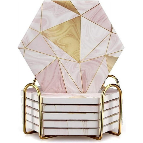 6 Pack Cute Marble Absorbent Stone Coaster Set with Holder Cool Cork ...