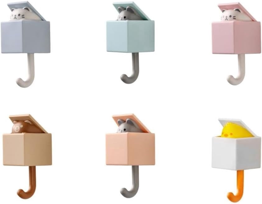 6 Pack No Drill Adhesive Wall Hooks for Keys, Cute Animal Hooks (Cat ...
