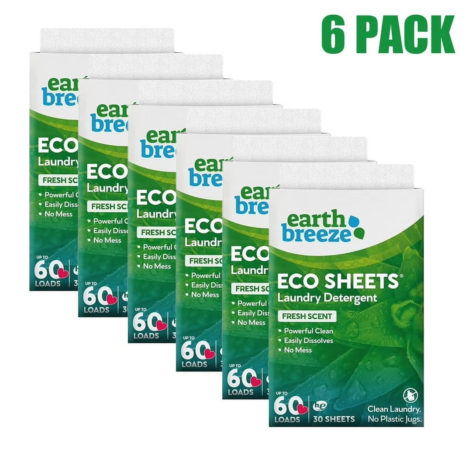 (6-Pack)Earth Breeze Eco-Friendly Laundry Detergent Sheets, Fresh Scent, 30 Sheets (60 Loads ...