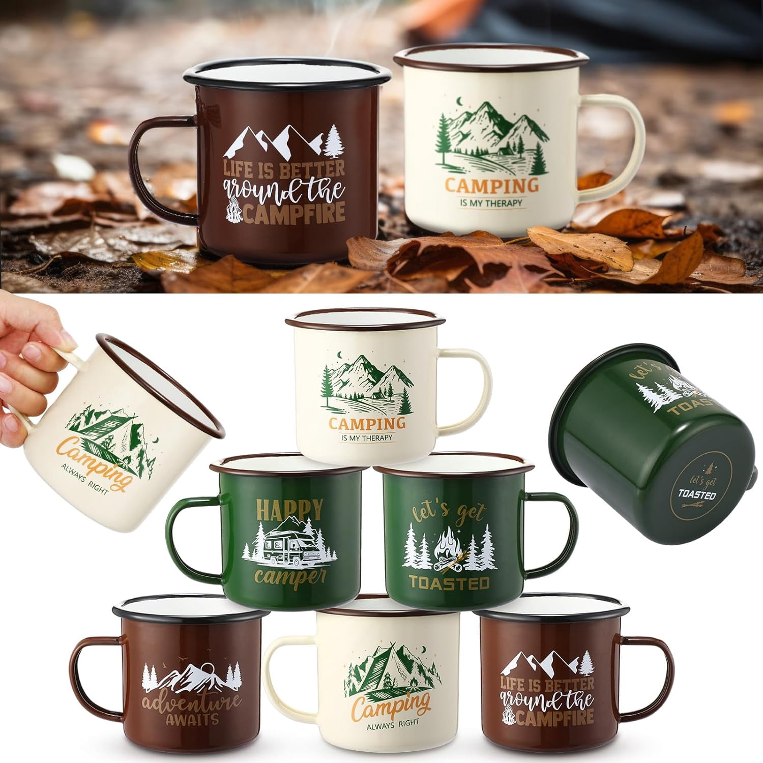 6 Pack Enamel Camping Mugs, 12 oz Campfire Coffee Cups with Handles ...