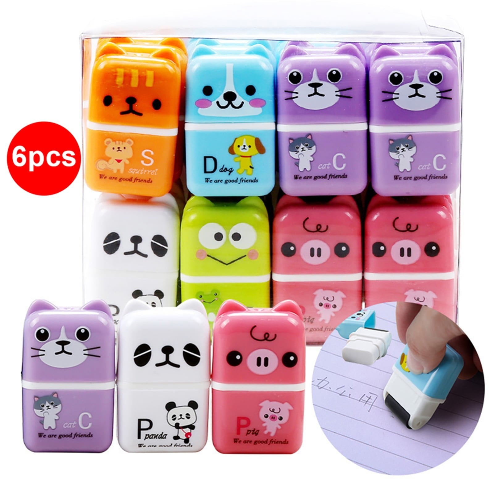 6 Pack Erasers, Cute With Cover and Roller, Pencil Rubber for Party ...