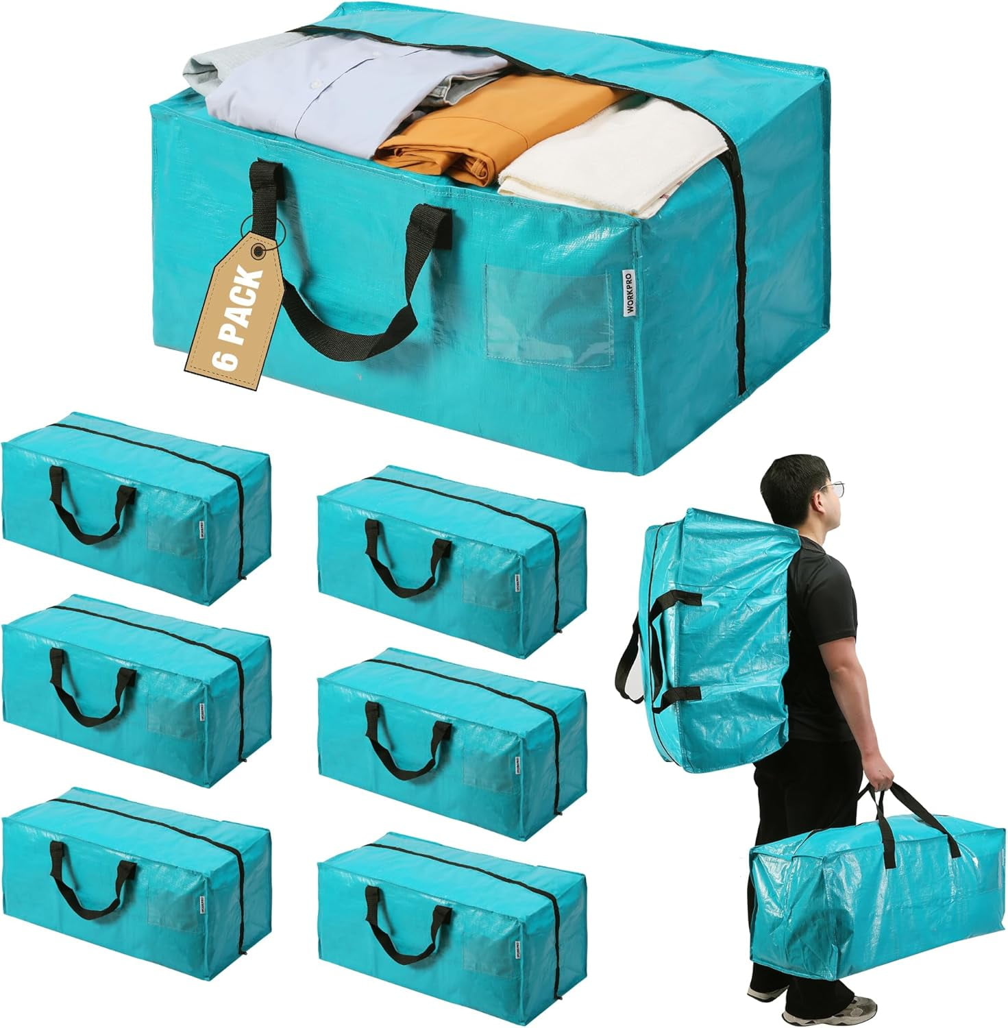 6 Pack Extra Large Moving Bags with Zippers & Carrying Handles Backpack ...