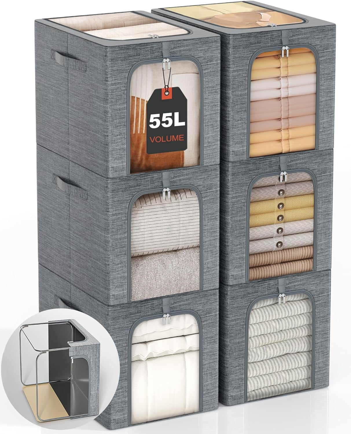 6-Pack Extra Large Storage Bins with Metal Frame, 55L Stackable Closet ...