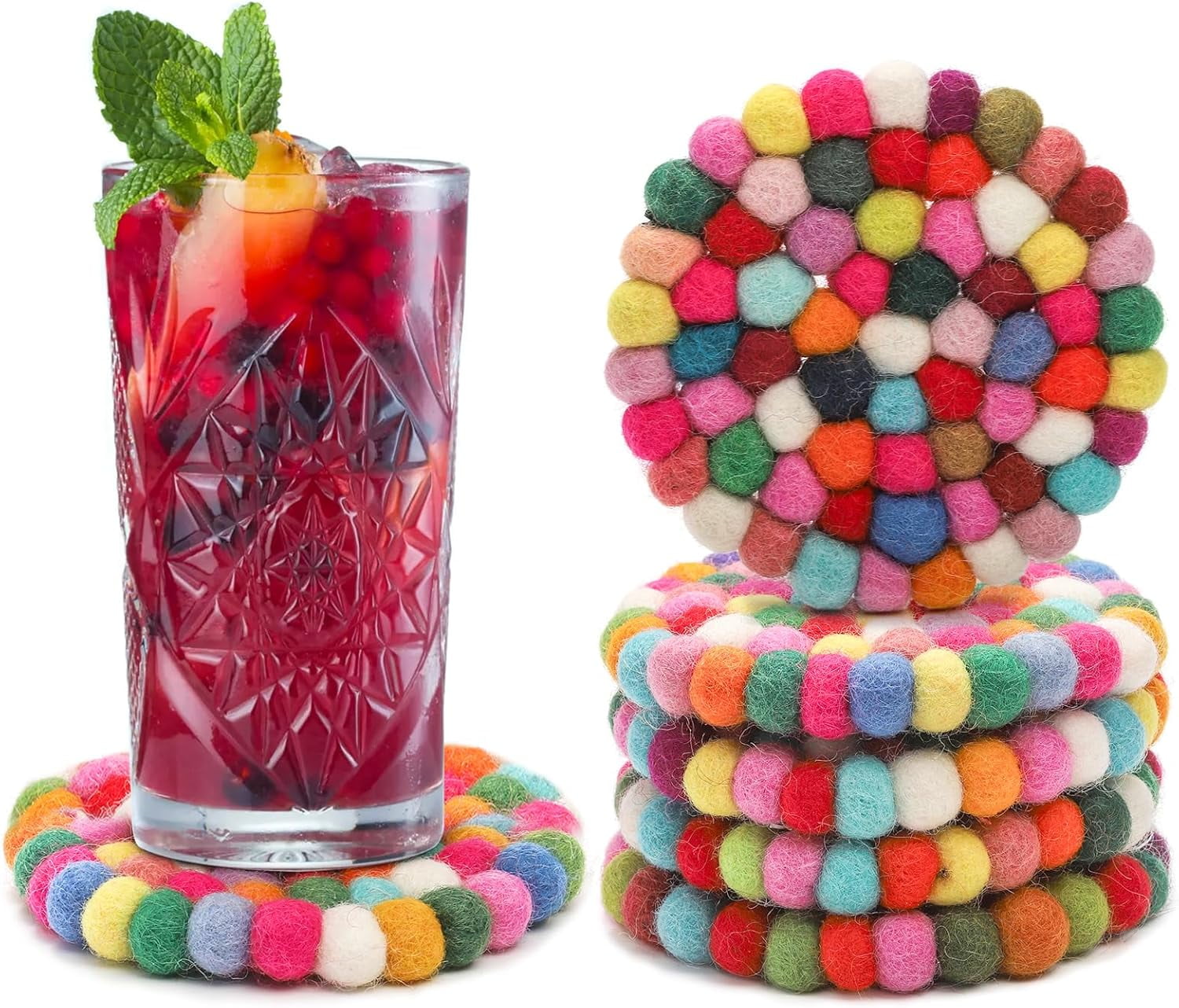 6 Pack Felt Coasters for Drinks, 4" Round Colorful Coasters, Absorbent ...