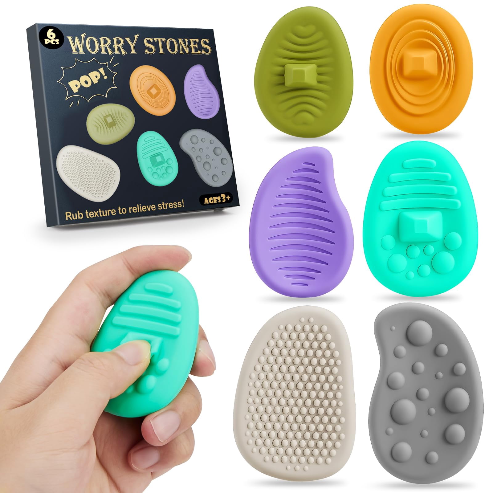 6 Pack Fidget Toys Worry Stones – Textured Silicone Worry Stones with ...