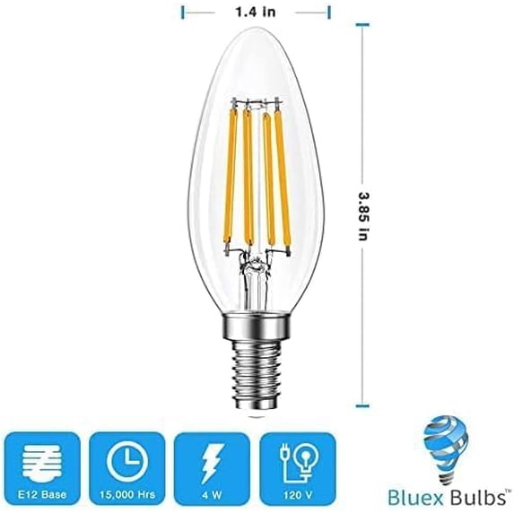 6 Pack Filament E12 Candelabra LED Christmas Light Bulbs - 4W 40 Watt ...