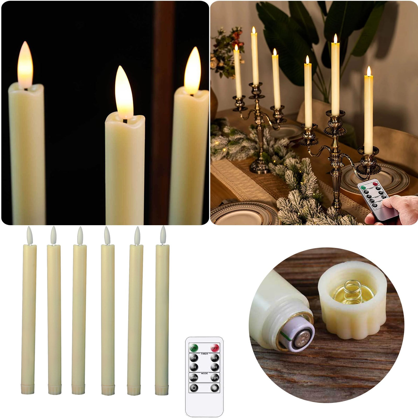 6 Pack Flameless Ivory Taper Candles Battery Operated LED Warm Light 3D ...