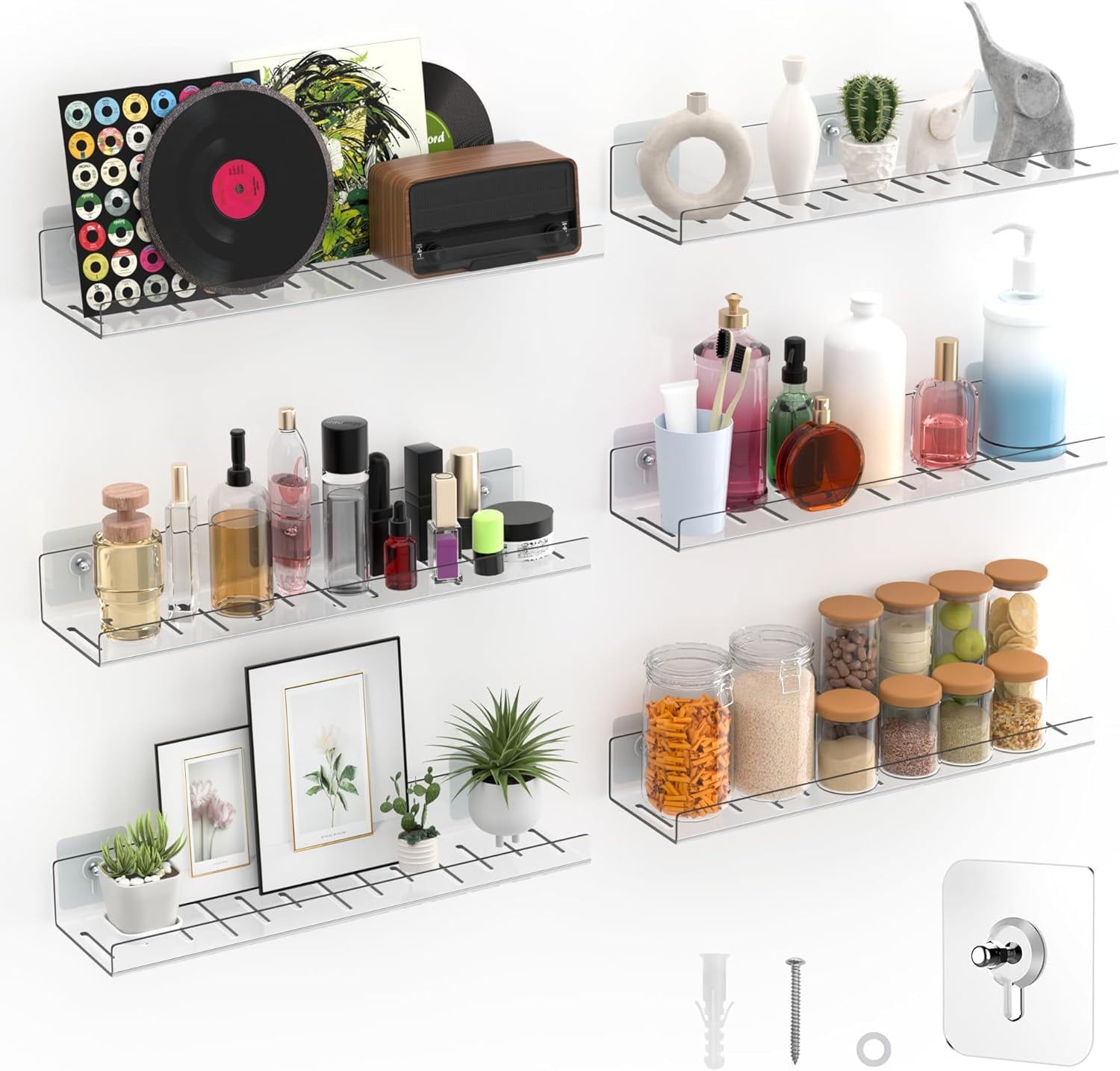 6 Pack Floating Shelves - Clear Acrylic/PET Wall Mounted Non-Drilling ...