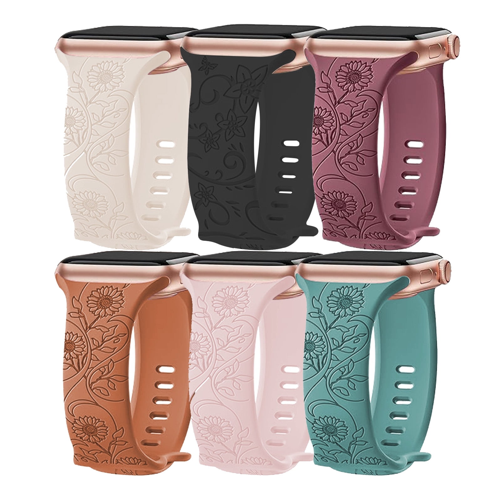 6 Pack Floral Engraved Bands Compatible with Apple Watch Band Women ...