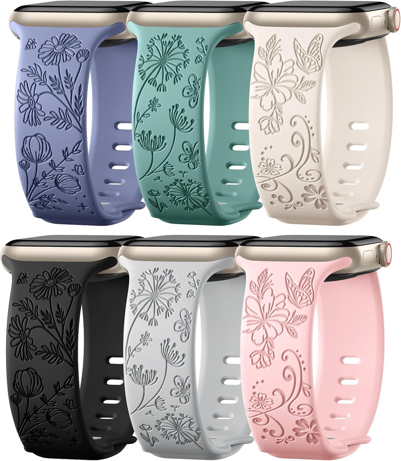 6 Pack Flower Engraved Band Compatible with Apple Watch Bands 44mm 45mm ...