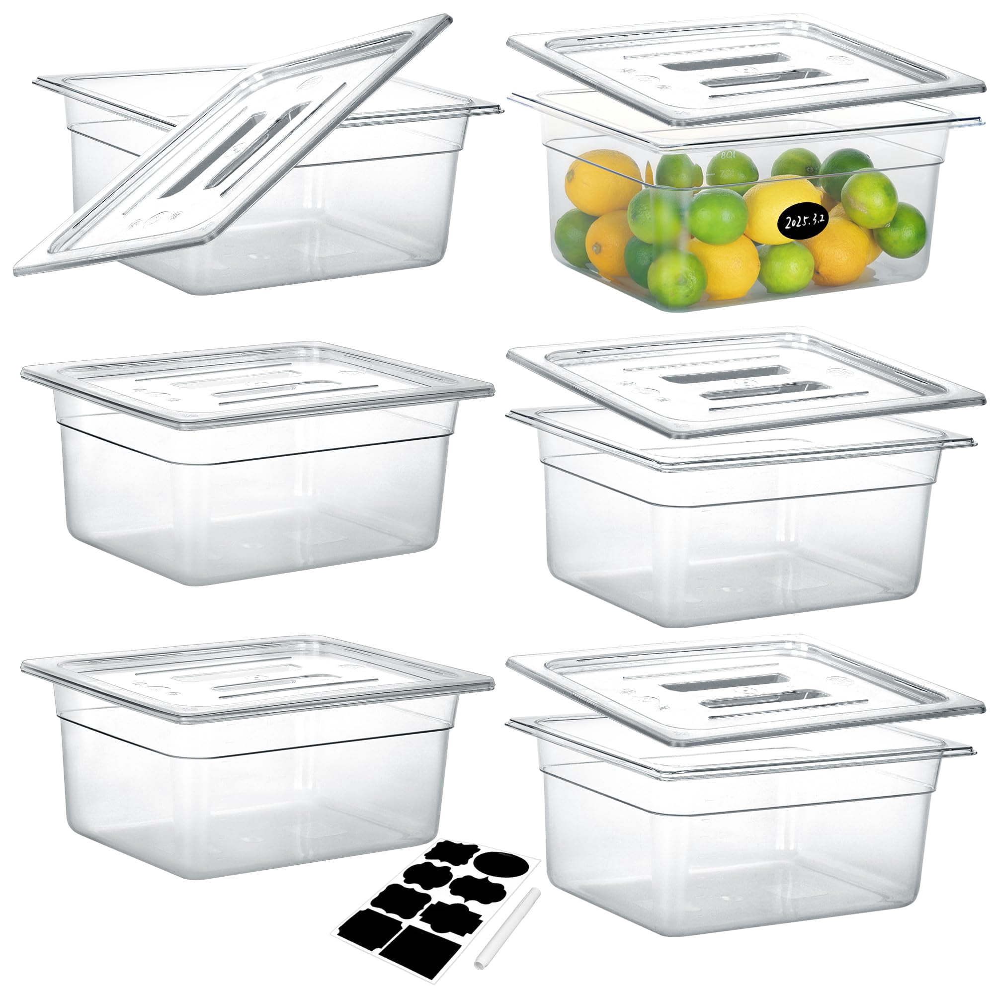 6 Pack Food Pans With Lids 1/2 Size 6'' Deep Commercial Storage ...