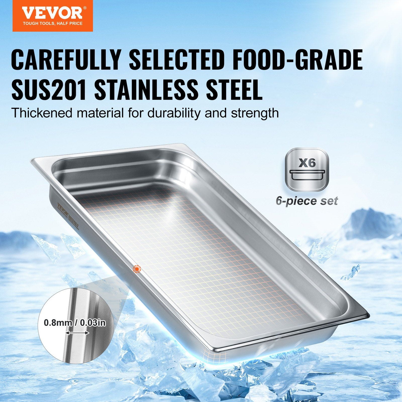 6-Pack Full Size Commercial Food Pans – 0.8mm Stainless Steel Steam ...