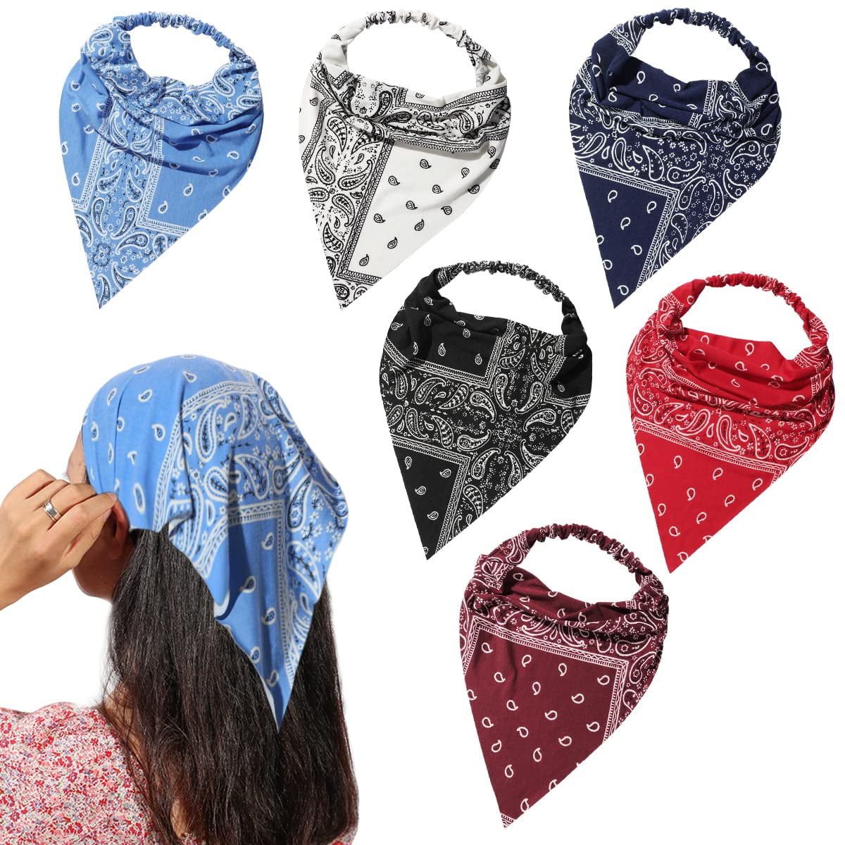6 Pack G Paisley Print Hair Scarf Headbands Elastic Boho Triangle ...