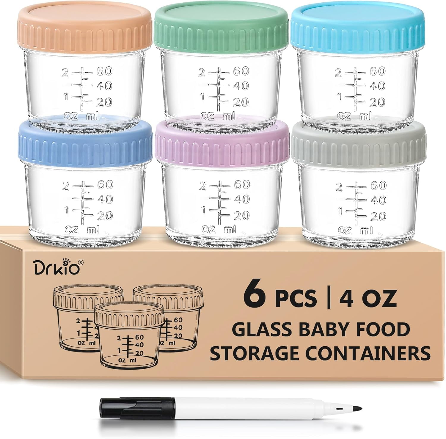 6 Pack Glass Baby Food Storage Containers - 4 Oz Baby Food Jars with ...