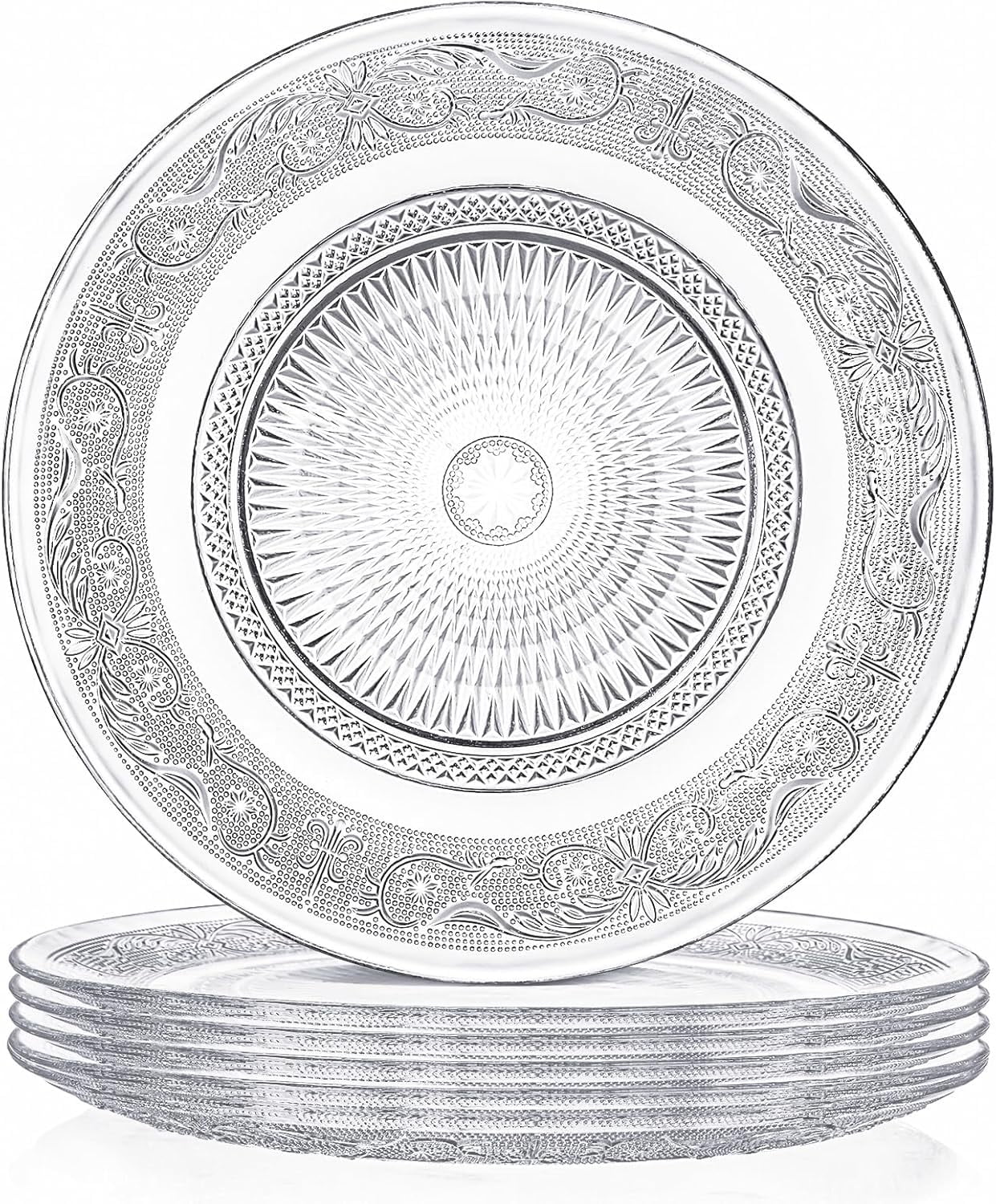 6 Pack Glass Dinner Plate, Clear Round Serving Plate Vintage Embossed ...