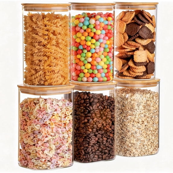 6-Pack Glass Food Storage Jars Set (3 Square + 3 Round), 37oz Airtight ...