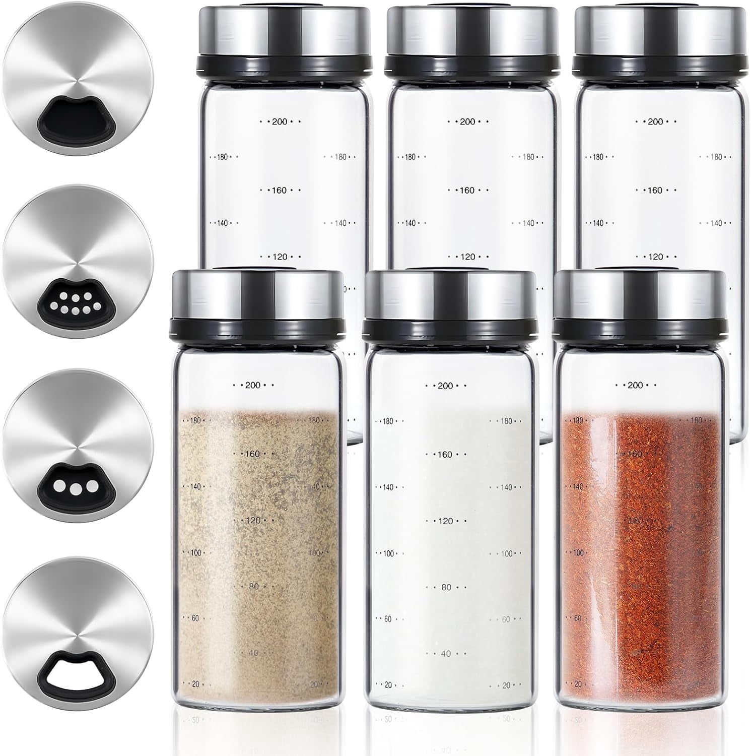 6 Pack Glass Spice Jars, 7 oz Salt and Pepper Shakers with Adjustable ...