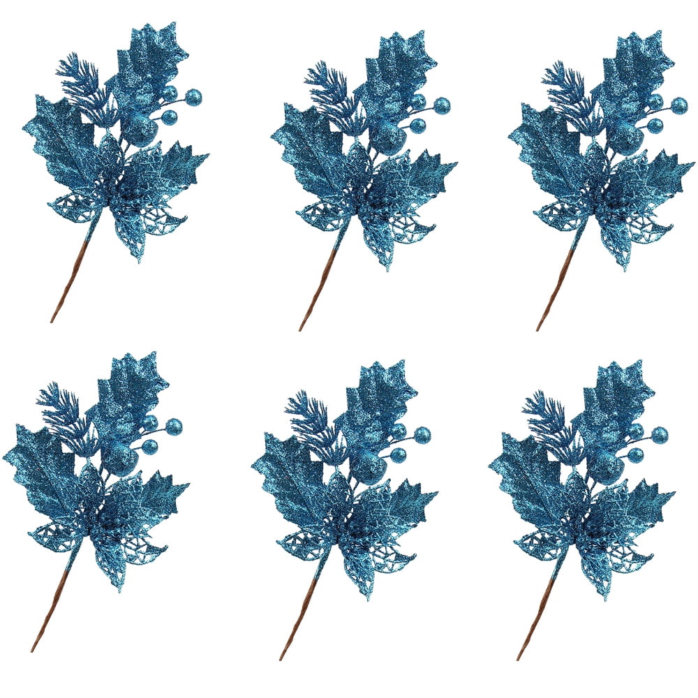 6 Pack Glitter Christmas Picks Sprays with Artficial Flower Leave Fruit ...