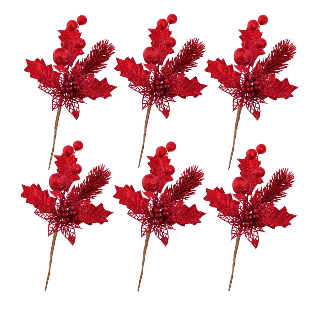 6 Pack Glitter Christmas Picks Sprays with Artficial Flower Leave Fruit ...